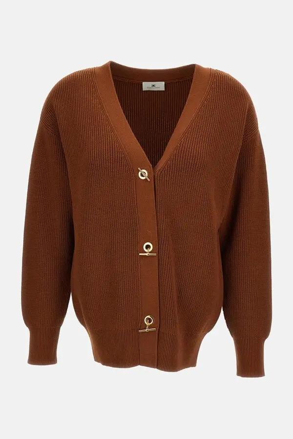 Elisabetta Franchi Ribbed V-neck Cardigan With Gold-tone T-bar Clasps - Brown