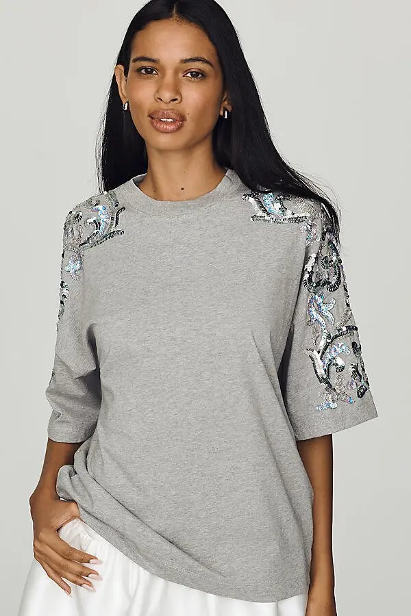Essentiel Antwerp Cotton Sequin-sleeve T-shirt - Silver Lining