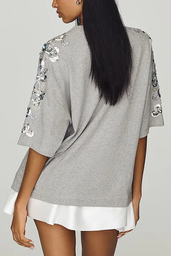 Essentiel Antwerp Cotton Sequin-sleeve T-shirt - Silver Lining