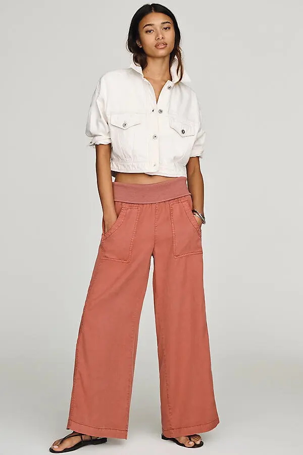 PILCRO Wide-leg Knit Fold-over Pants - Marsala