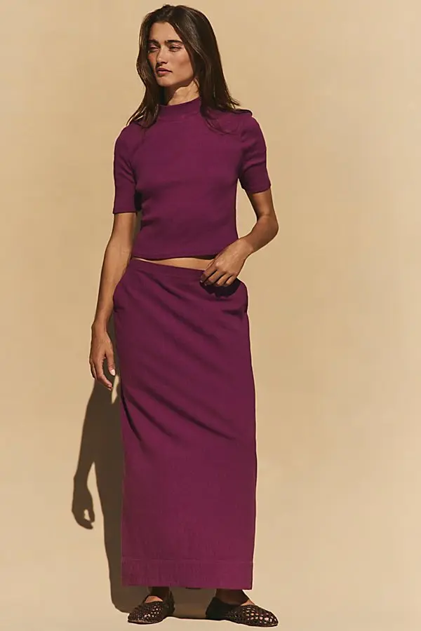 Free People Claudia Mock Neck Top And Column Skirt Set - Grape Escape