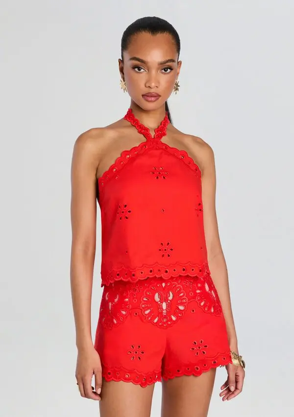 Retrofete Caliane Embroidered Cotton Poplin Halter Top - Geranium