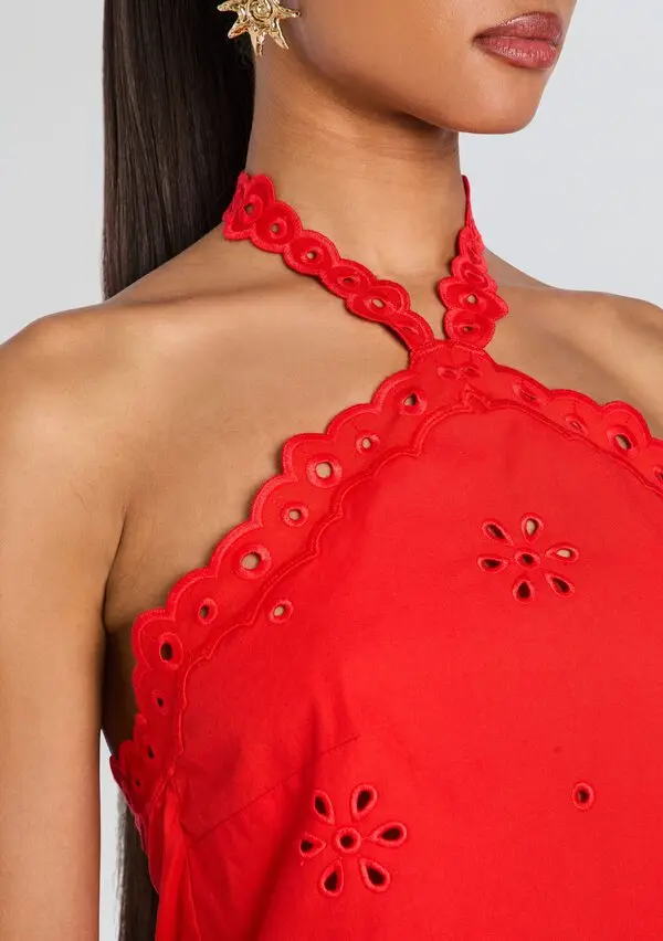 Retrofete Caliane Embroidered Cotton Poplin Halter Top - Geranium