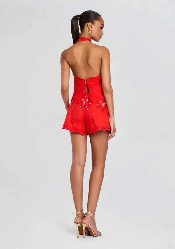 Retrofete Caliane Embroidered Cotton Poplin Halter Top - Geranium