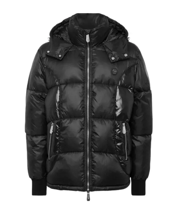 Philipp Plein Logo Patch Hooded Quilted Jacket - Black