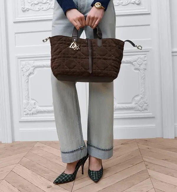 Dior Medium Quilted Suede Bag With Gold Tone Charm