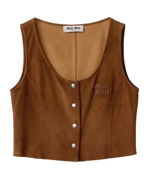 Miu Miu Waxed Suede Sleeveless Top With Embossed Logo - Brown