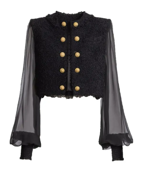 Balmain Cropped Tweed And Muslin Jacket - Black