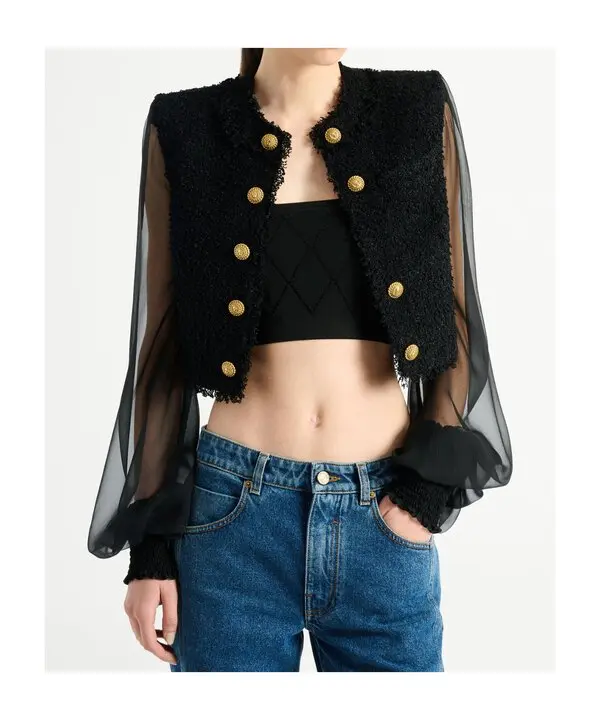 Balmain Cropped Tweed And Muslin Jacket