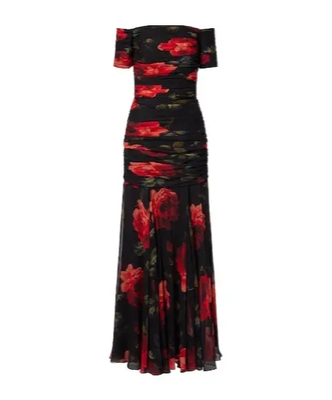 Carolina Herrera Floral Ruched Off-shoulder Silk Chiffon Gown - Black