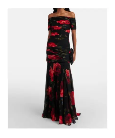 Carolina Herrera Off-shoulder Ruched Floral Silk Chiffon Gown - Black