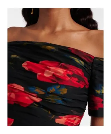 Carolina Herrera Off-shoulder Ruched Floral Silk Chiffon Gown - Black