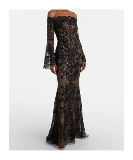 Elie Saab Sequined Off-shoulder Lace Gown