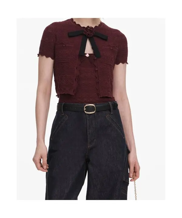 SELF-PORTRAIT Bow-detail Pointelle-knit Cropped Cardigan