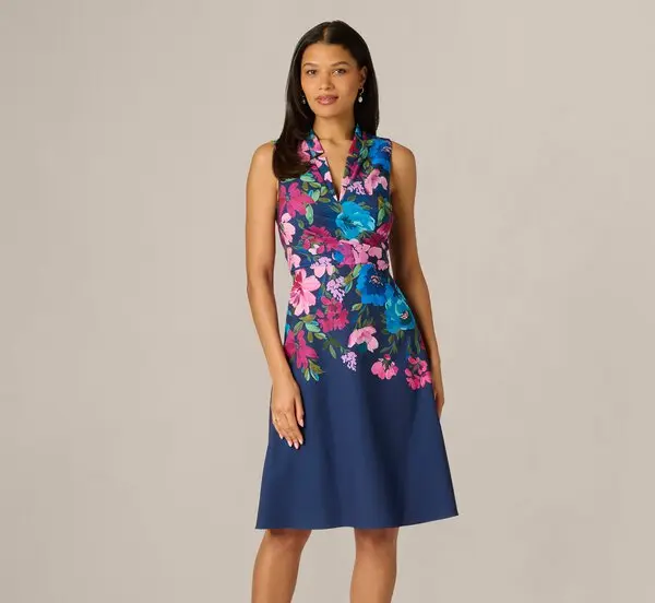 Adrianna Papell Collared Floral Border Twill Midi Dress - Navy Multi