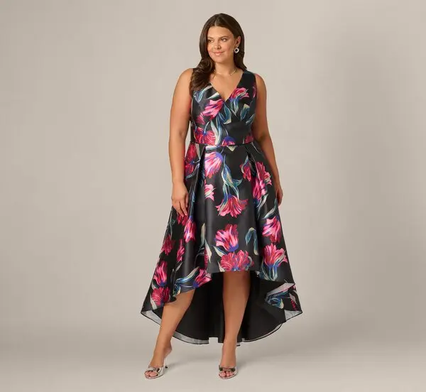 Adrianna Papell Floral Print Mikado High Low Gown - Black Multi