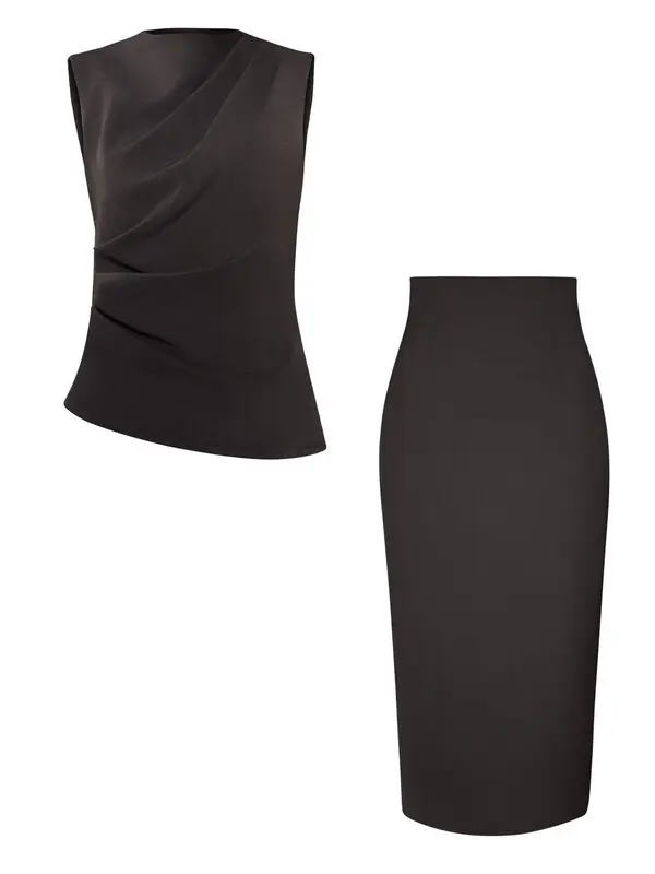 TIA DORRAINE Sleeveless Pleated Top & Midi Skirt Set - Grey