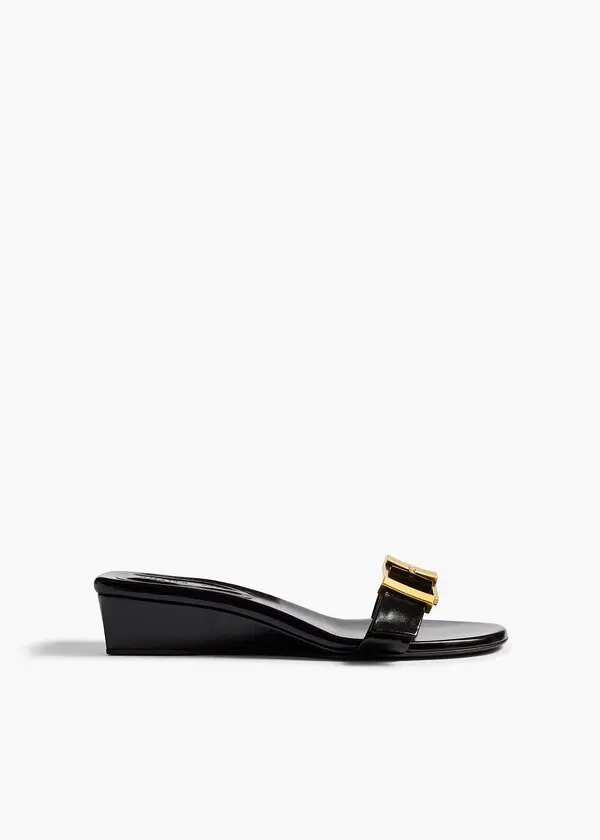 Khaite Manhattan Glazed Leather Wedge Sandals - Black