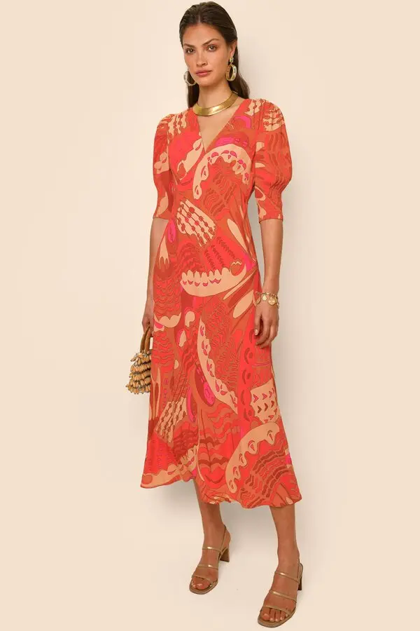 Rixo Zadie Butterfly Print Midi Dress