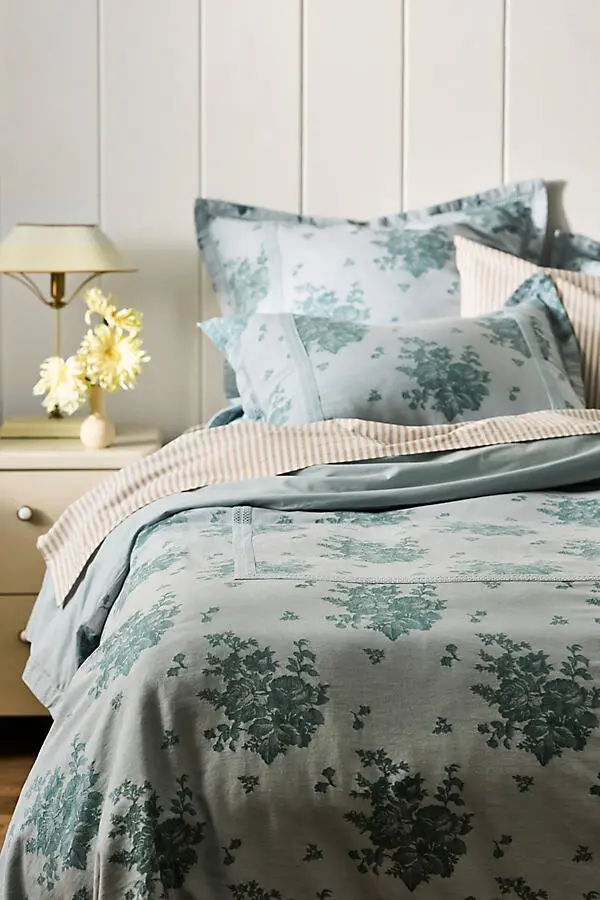 Anthropologie Nadia Cotton Solid Floral Embellished Duvet - Blue