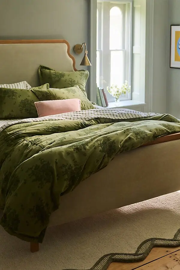 Anthropologie Nadia Cotton Solid Floral Embellished Duvet - Green