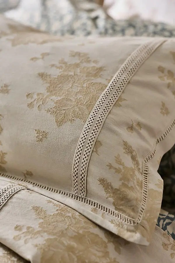Anthropologie Nadia Cotton Solid Floral Embellished Duvet - Neutral