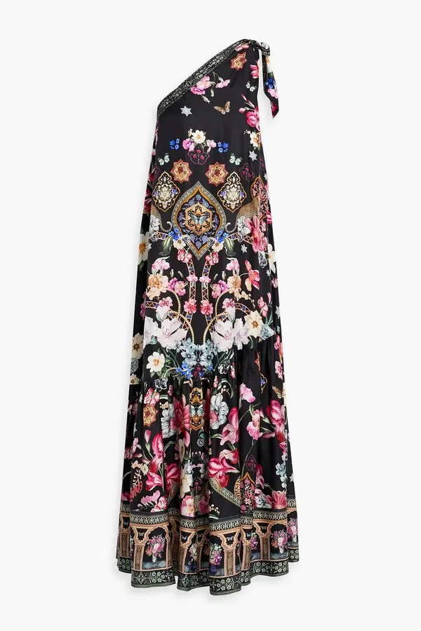 Camilla Oneshoulder Crystalembellished Printed Silktwill Maxi Dress - Black