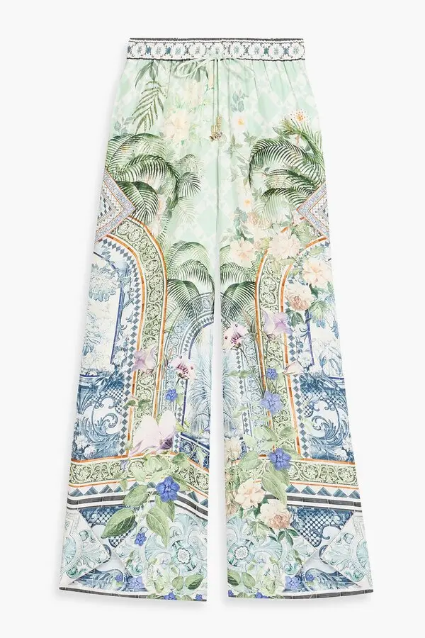 Camilla Crystal-embellished Printed Silk Twill Wide-leg Pants - Mint
