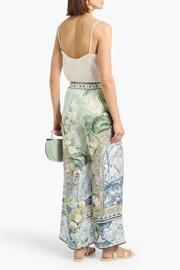 Camilla Crystal-embellished Printed Silk Twill Wide-leg Pants