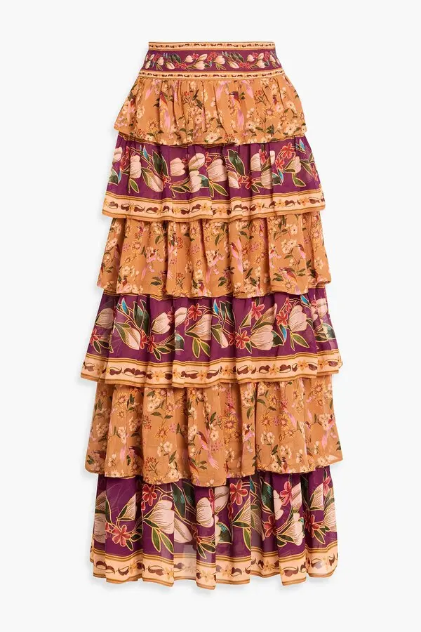 Farm Rio Tiered Floralprint Crepe De Chine Maxi Skirt - Camel
