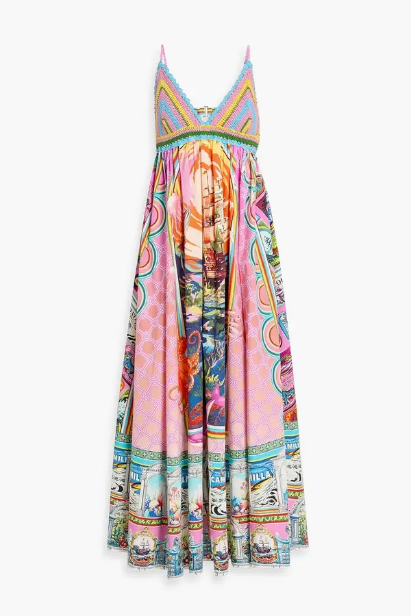 Camilla Crochetpaneled Printed Cottonpoplin Maxi Dress