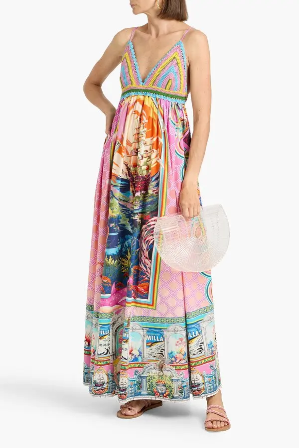 Camilla Crochetpaneled Printed Cottonpoplin Maxi Dress