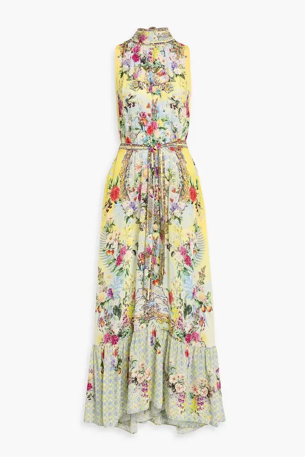 Camilla Crystal Embellished Printed Silk Crepe De Chine Maxi Dress - Yellow