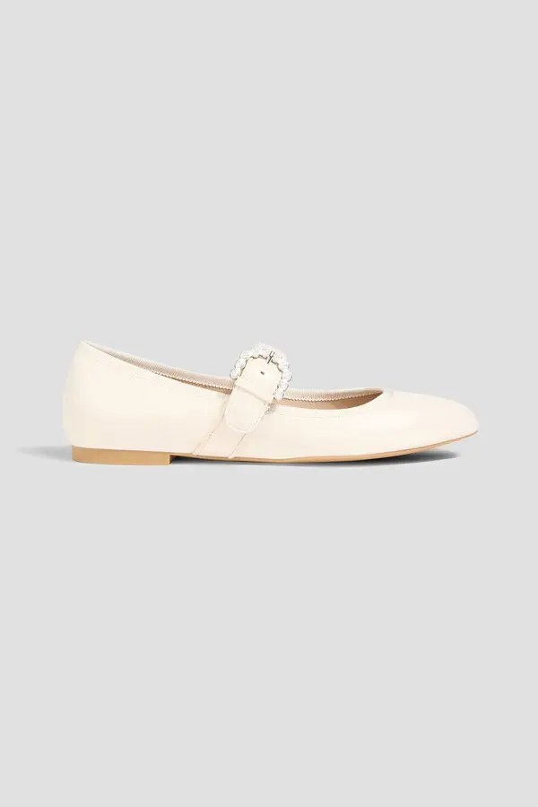 STUART WEITZMAN Piper Embellished Leather Mary Jane Flats - Ecru