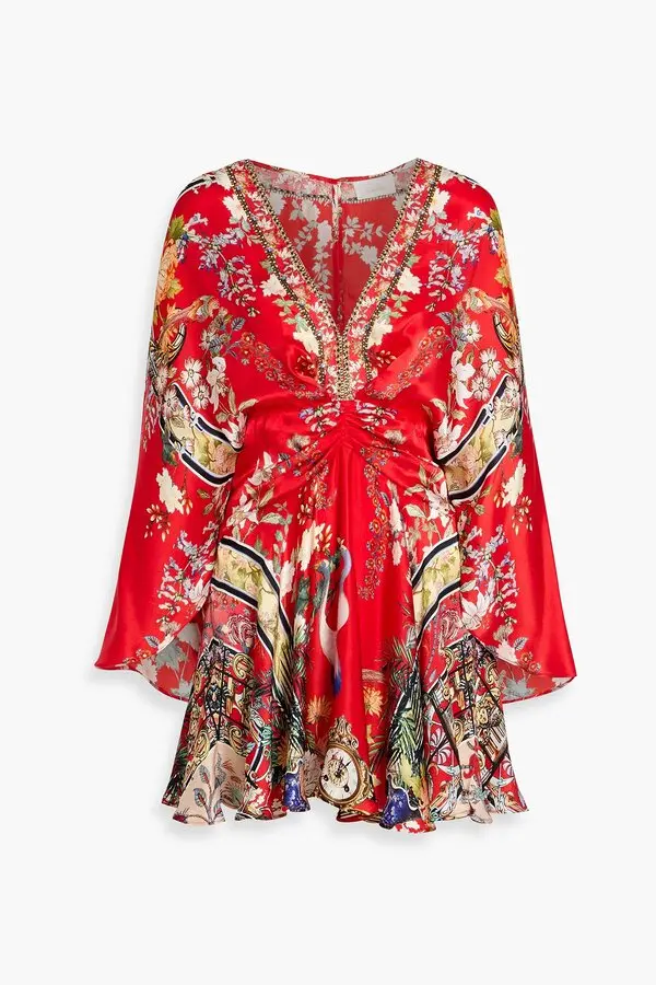 Camilla Crystal-embellished Printed Silk-satin Mini Dress - Red
