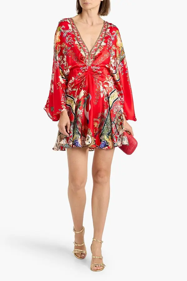 Camilla Crystal-embellished Printed Silk-satin Mini Dress