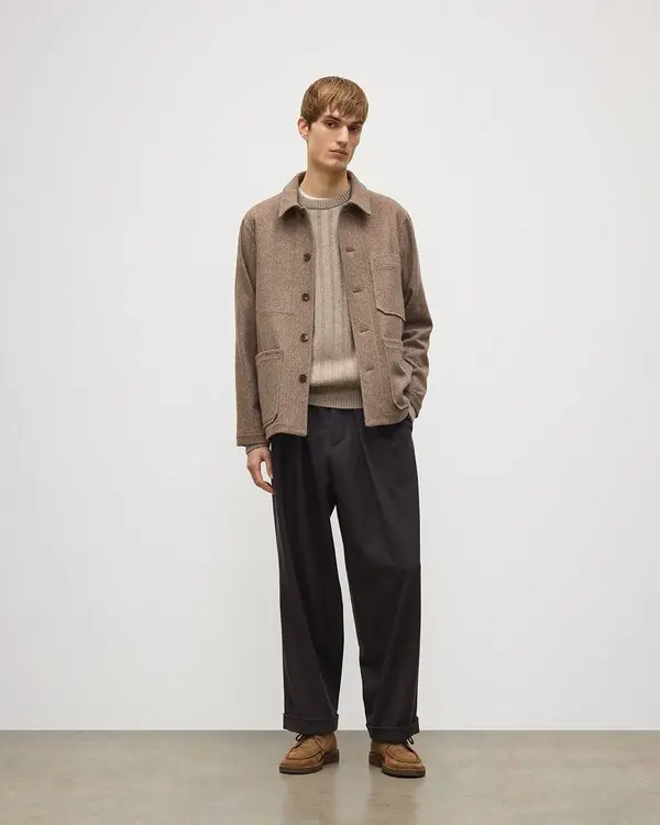 Johnstons Of Elgin Weavers Jacket In Camel & Herringbone Wool - Blue