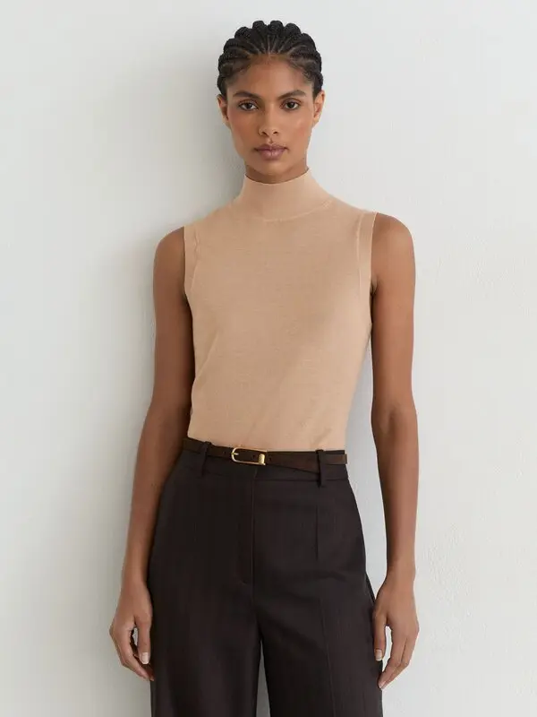 REISS Evelyn Merino Wool Funnel-neck Sleeveless Vest - Camel