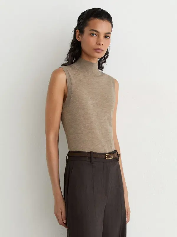 REISS Evelyn Merino Wool High Neck Sleeveless Top - Neutral