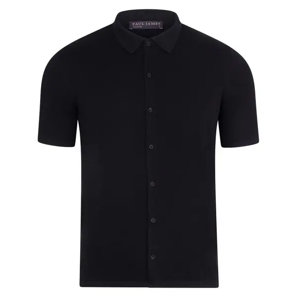 PAUL JAMES KNITWEAR Lightweight Cotton Marshall Short Sleeve Shirt - Black