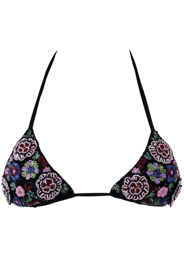 SELF-ADORE Fleur 3d Hand-beaded Embellished Bikini Top - Black
