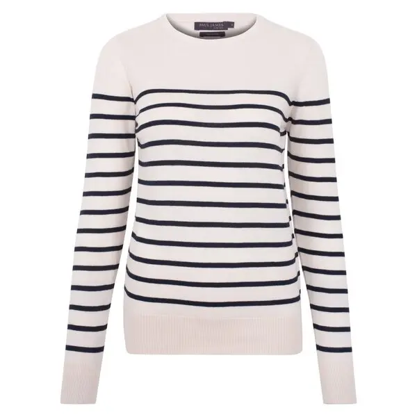 PAUL JAMES KNITWEAR Ultra Fine Cotton Tavia Breton Crew Neck Jumper Navy - Blue