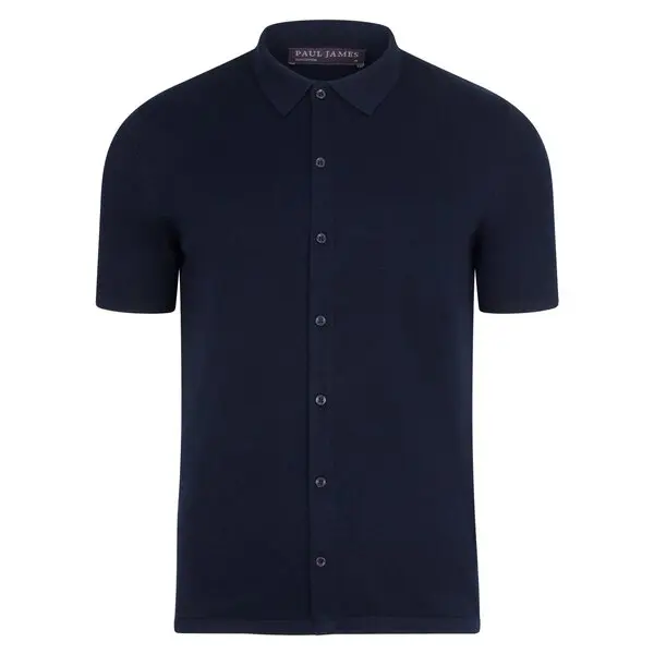 PAUL JAMES KNITWEAR Lightweight Cotton Marshall Short Sleeve Shirt Navy - Blue