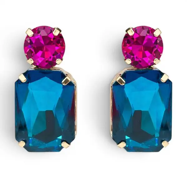 MICHAEL NASH JEWELRY Blue / Pink Adelle Peacock Blue Crystal Octagon And Fuchsia Round Stone Drop Earrings - Blue/pink