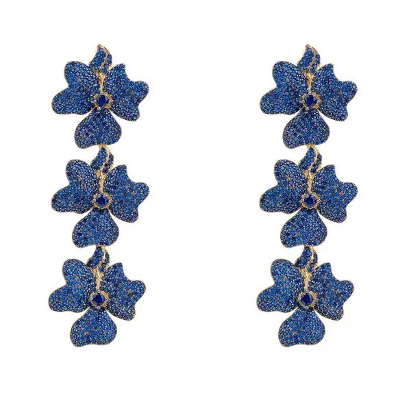 LATELITA Blue / Gold Jasmine Flower Triple Drop Earrings Gold Sapphire Blue - Blue/gold