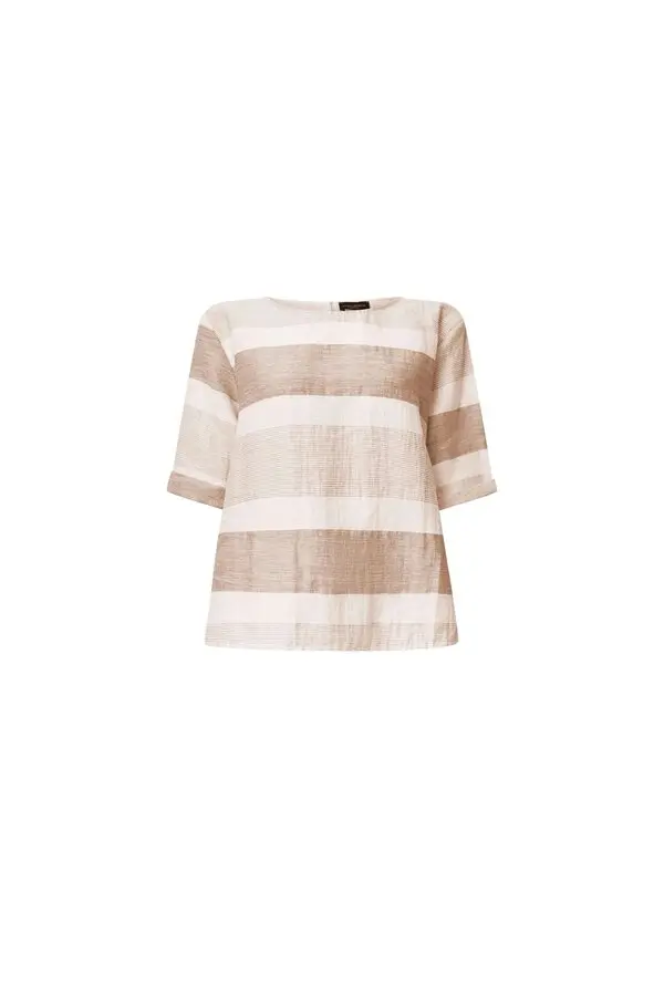 JAMES LAKELAND Neutrals Striped Linen Blend Button-back Top