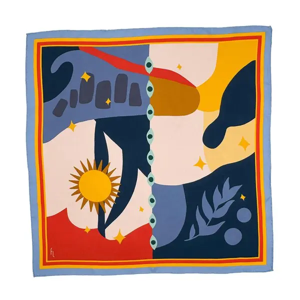 FOLIE LIVING Blue / Orange / Red Daydream In The Eye Silk Scarf Small - Blue/orange/red