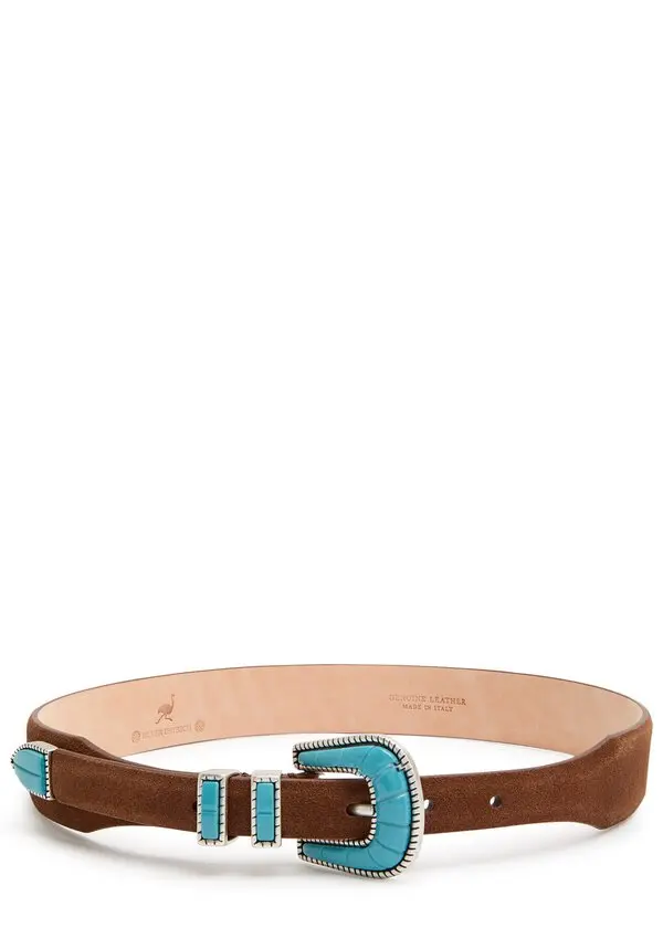 SILVER OSTRICH Suede Belt With Turquoise Inserts - Brown