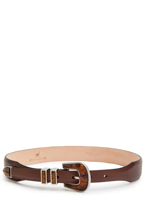 SILVER OSTRICH Leather Belt With Tortoiseshell - Brown