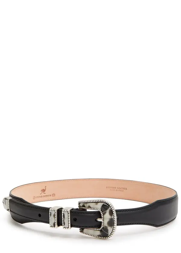 SILVER OSTRICH Leather Belt With Tortoiseshell Accents - Black
